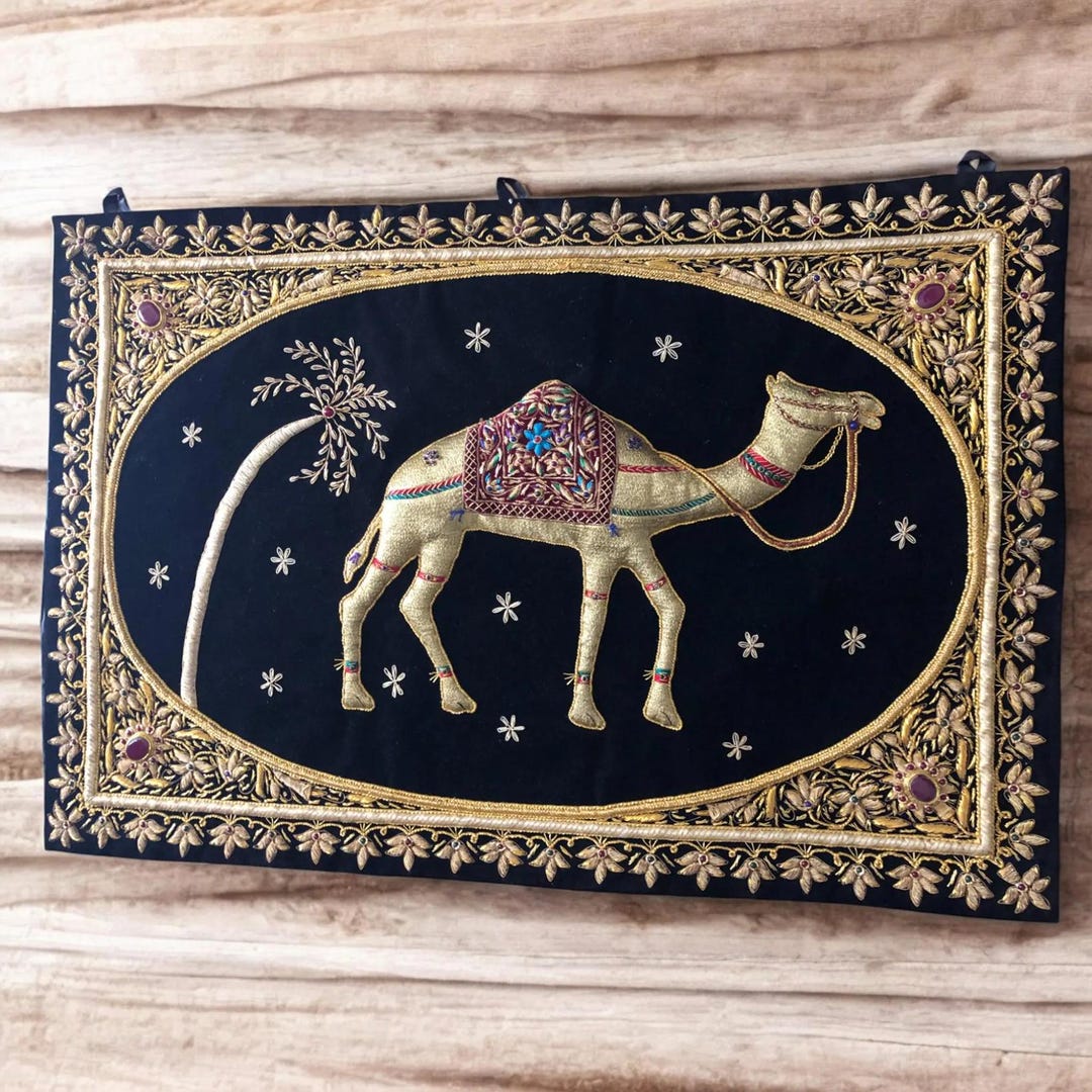 Embroidered Velvet Wall Hanging: Indian Tapestry, Camel & Tree Design ...