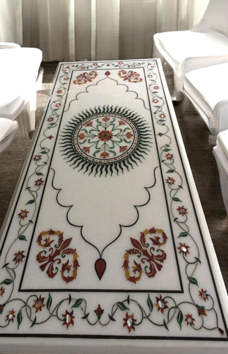 Handmade Marble Large Dining Table Multi Semi Precious Marquetry Inlay ...