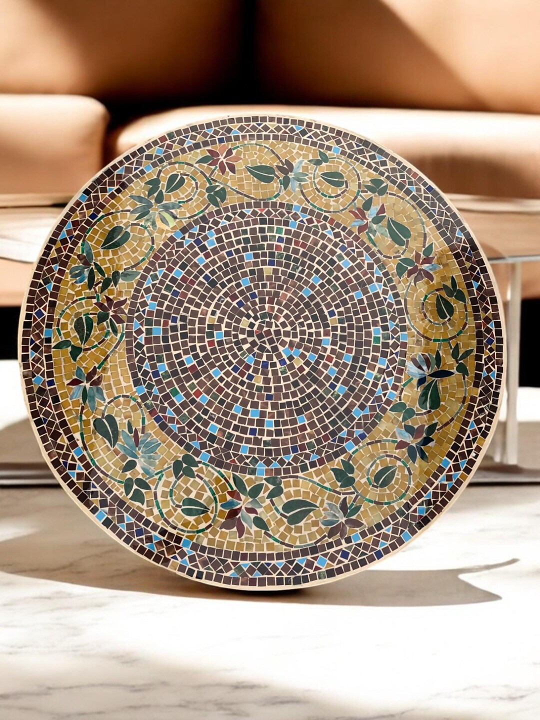 Round Dining Table Top Mosaic Handmade Pattern With Semi-precious ...