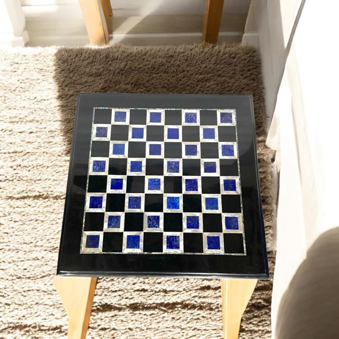 Black Marble Square Chess Table Top Lapis Mop Inlay Stone Chess Board ...