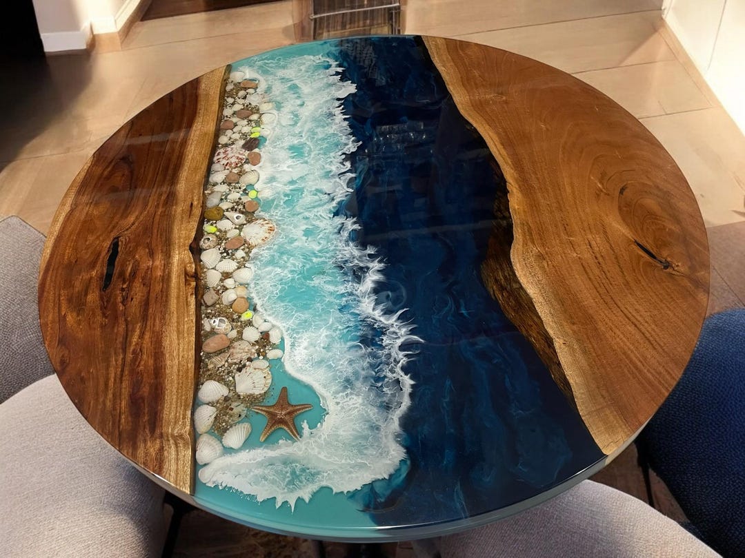 Ocean Beach Epoxy Table, Round Epoxy Coffee Table, Natural Wooden Table ...