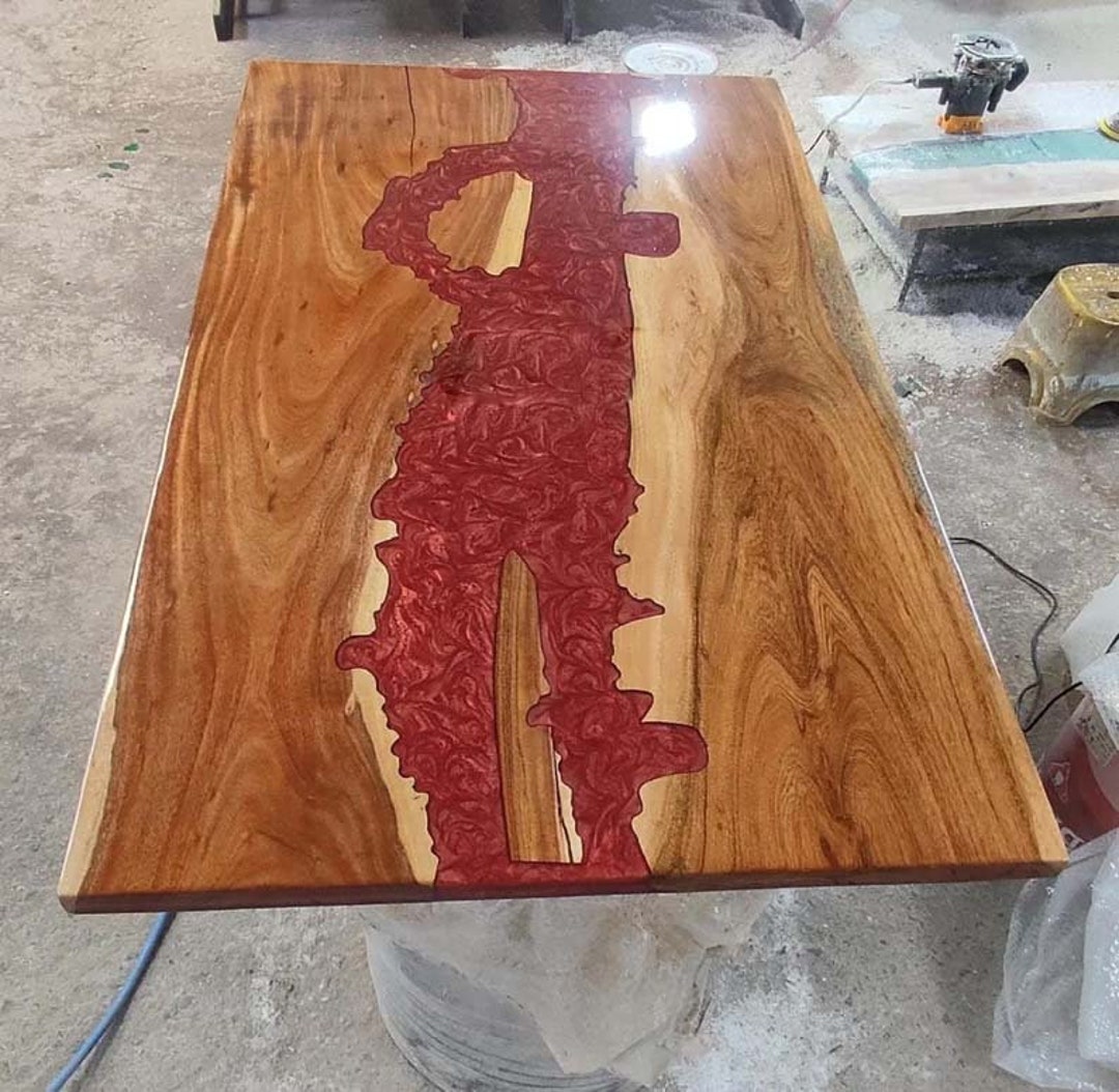 Red Epoxy Table Top, Rectangle Wood Table, Resin River Table, Home ...