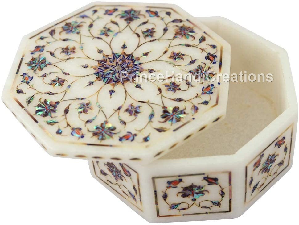 White Marble Handmade Jewellery Box With Multi Precious Stone for ...