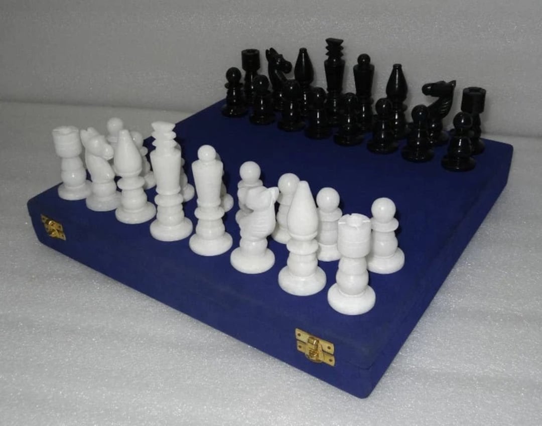 Queen's Gambit Stone Chess Pieces Made in White and Black Marble ...