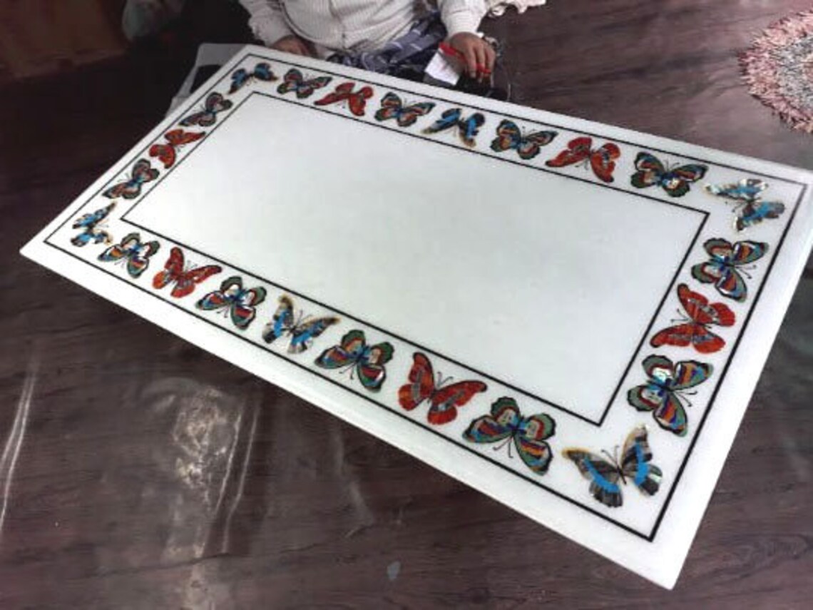Natural White Marble Dinning Table Top Stunning Butterfly Inlay Design ...