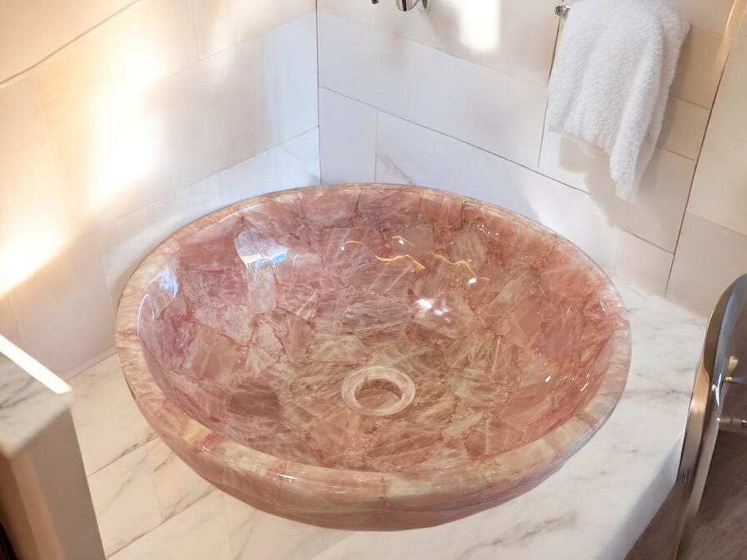 Stone Sink, Round Vessel Basin, Pink Rose Quartz Sink, Natural Gemstone ...