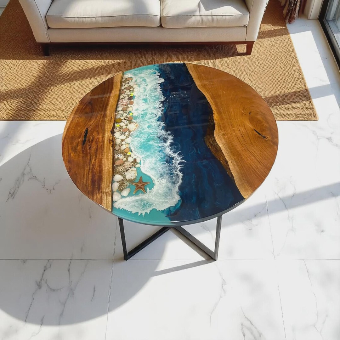 Ocean Beach Epoxy Table, Round Epoxy Coffee Table, Natural Wooden Table ...