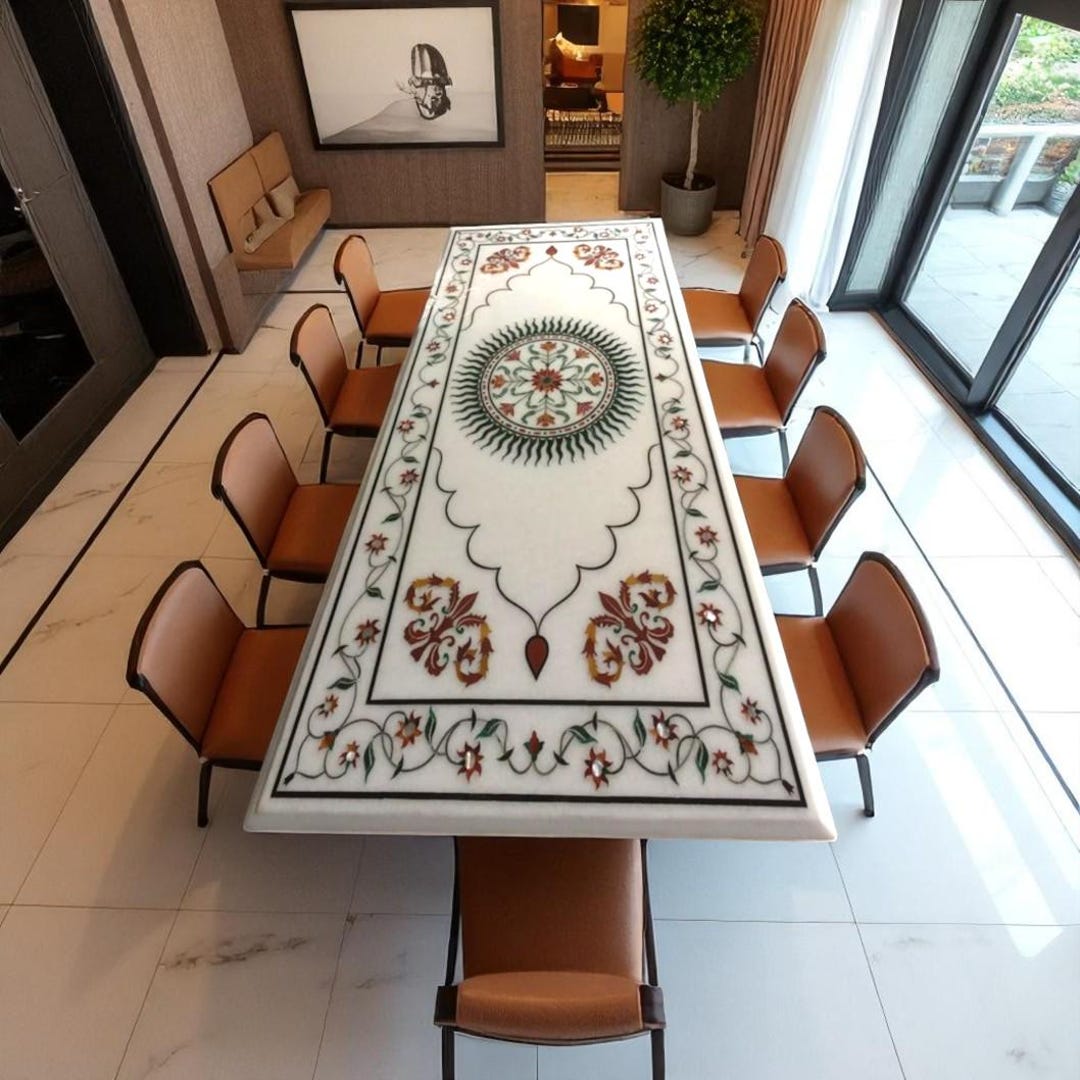 Handmade Marble Large Dining Table Multi Semi Precious Marquetry Inlay ...