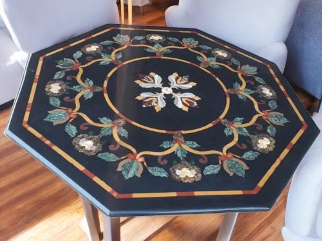Black Marble Side Inlay Table Top Adorable Lapis Floral Pietra Dura ...