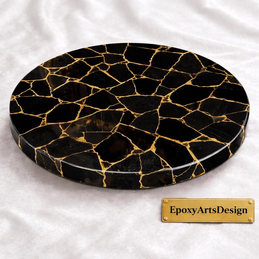 Luxury Black Agate Round Coffee Table With Gold Vein Design, Modern ...