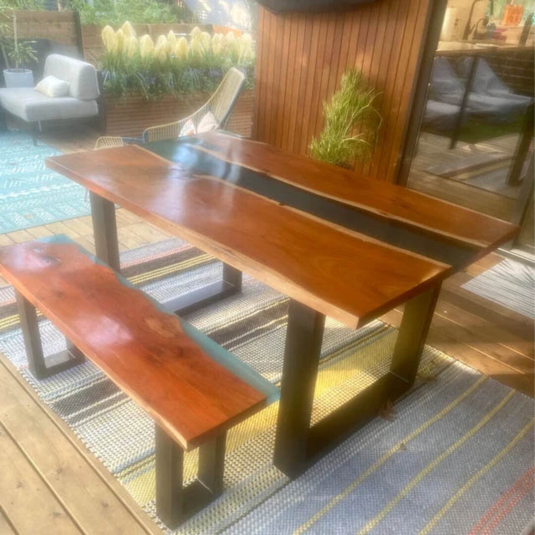 Epoxy Table Top With Bench, Walnut Dining Table Bench,live Edge Epoxy ...