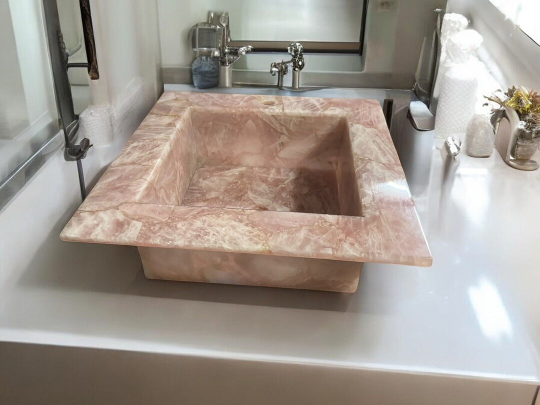 Bathroom Sink Vanity Top, Natural Pink Rose Quartz Wash Basin, Vessel ...