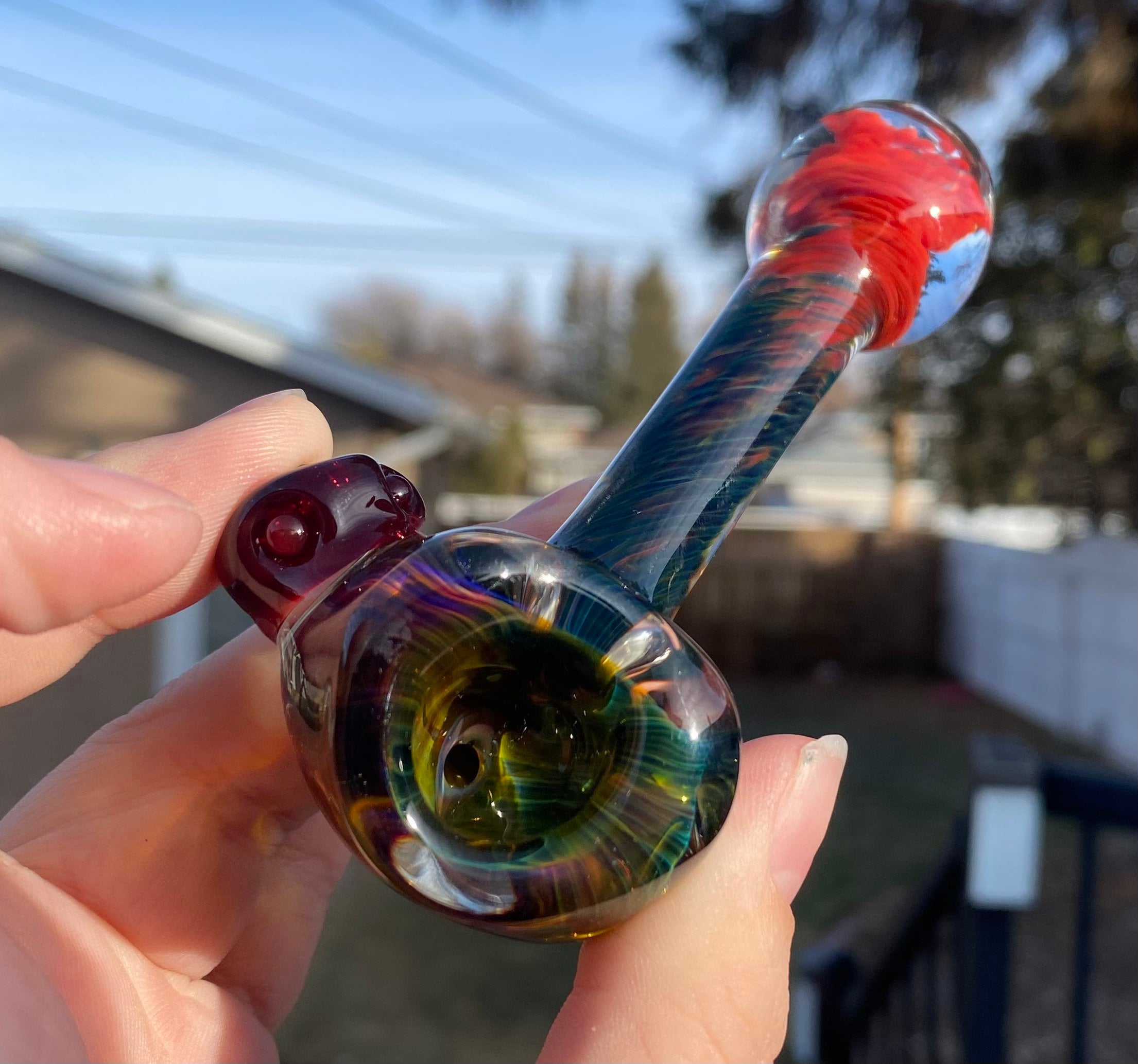 Rose-tipped Oil Slick Frit Glass Tobacco Pipe With Purple Handle - Etsy