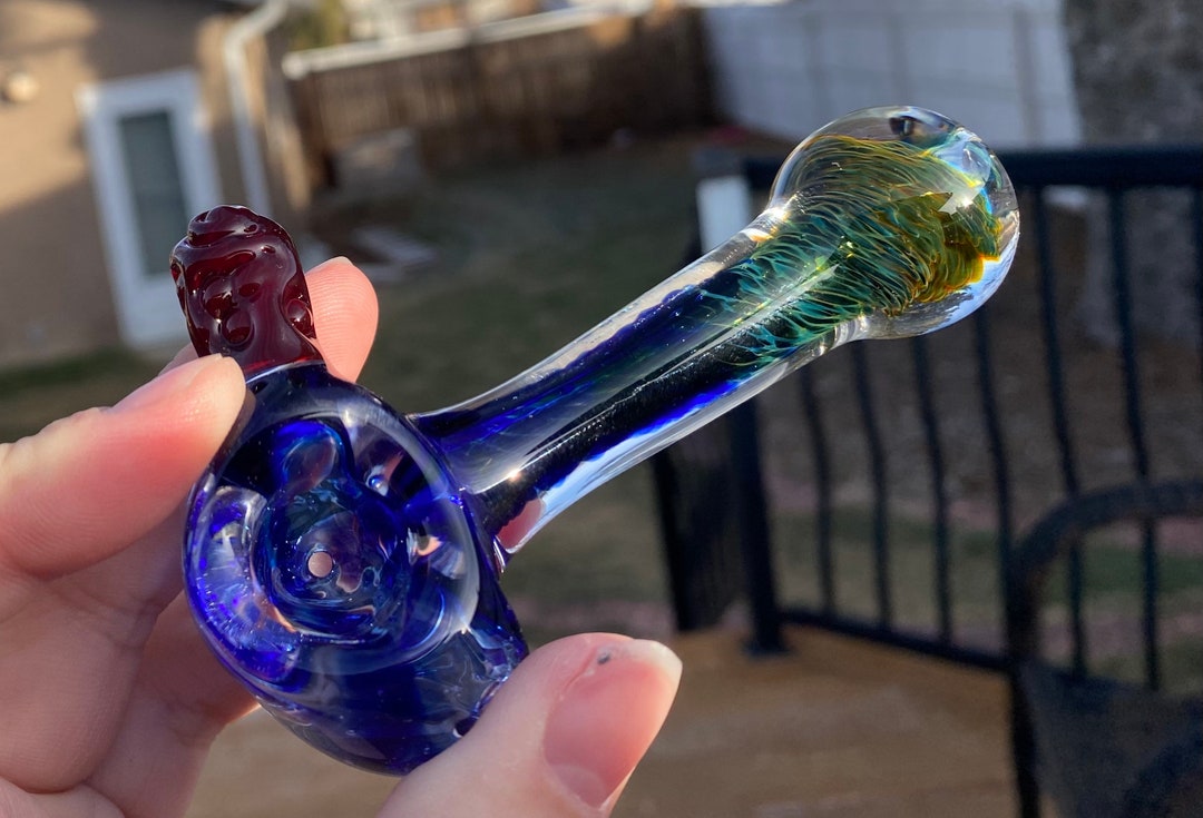Oil Slick Tipped Blue Frit Glass Tobacco Pipe With Red Handle - Etsy