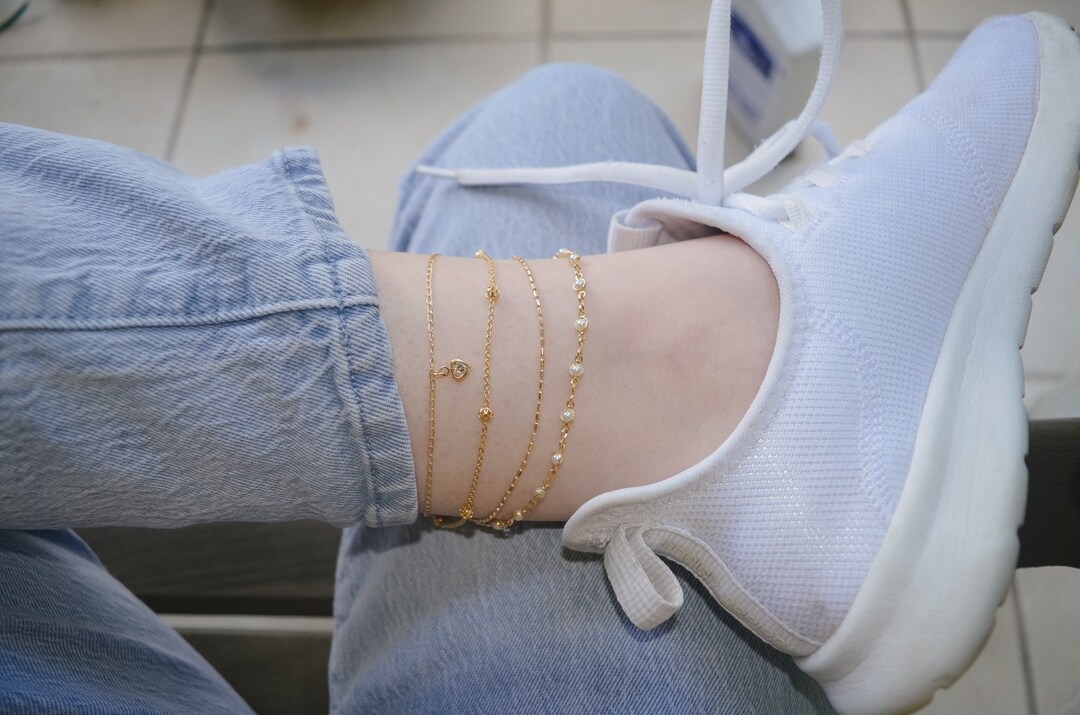Gold Chain Anklet Set for Woman, Gold Pearl Anklet, Heart Charm Anklet ...