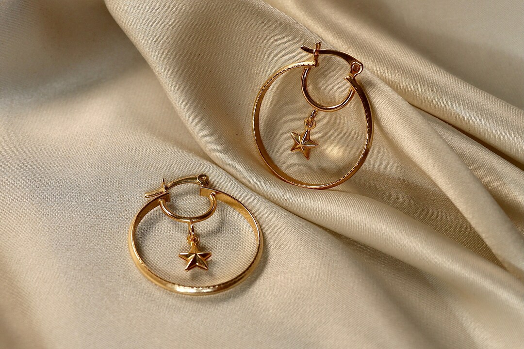 Celestial Golden Star Hoop Earring Dainty Star Dangle Hoops Gold Filled ...