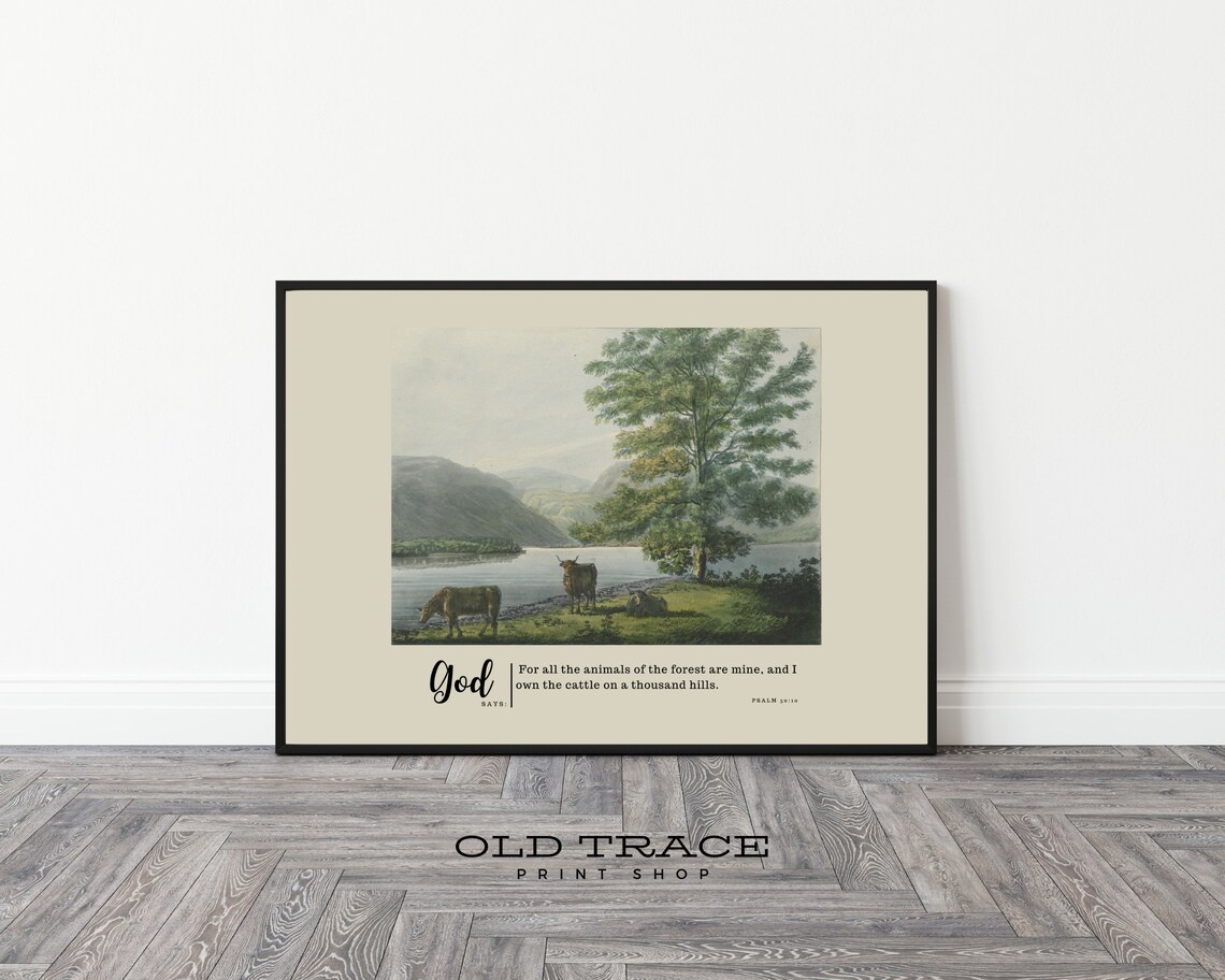 Psalm 50:10 God & Cattle on 1000 Hills Landscape Bible Verse Wall Art ...