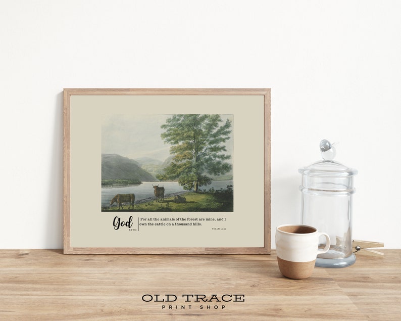 Psalm 50:10 God & Cattle on 1000 Hills Landscape Bible Verse Wall Art ...