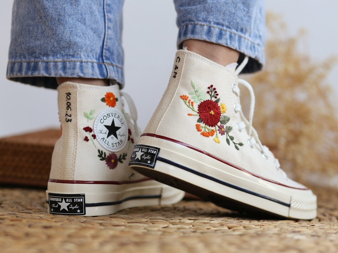 Embroidered Converse High Tops for Bride, Wedding Flowers Embroidered ...