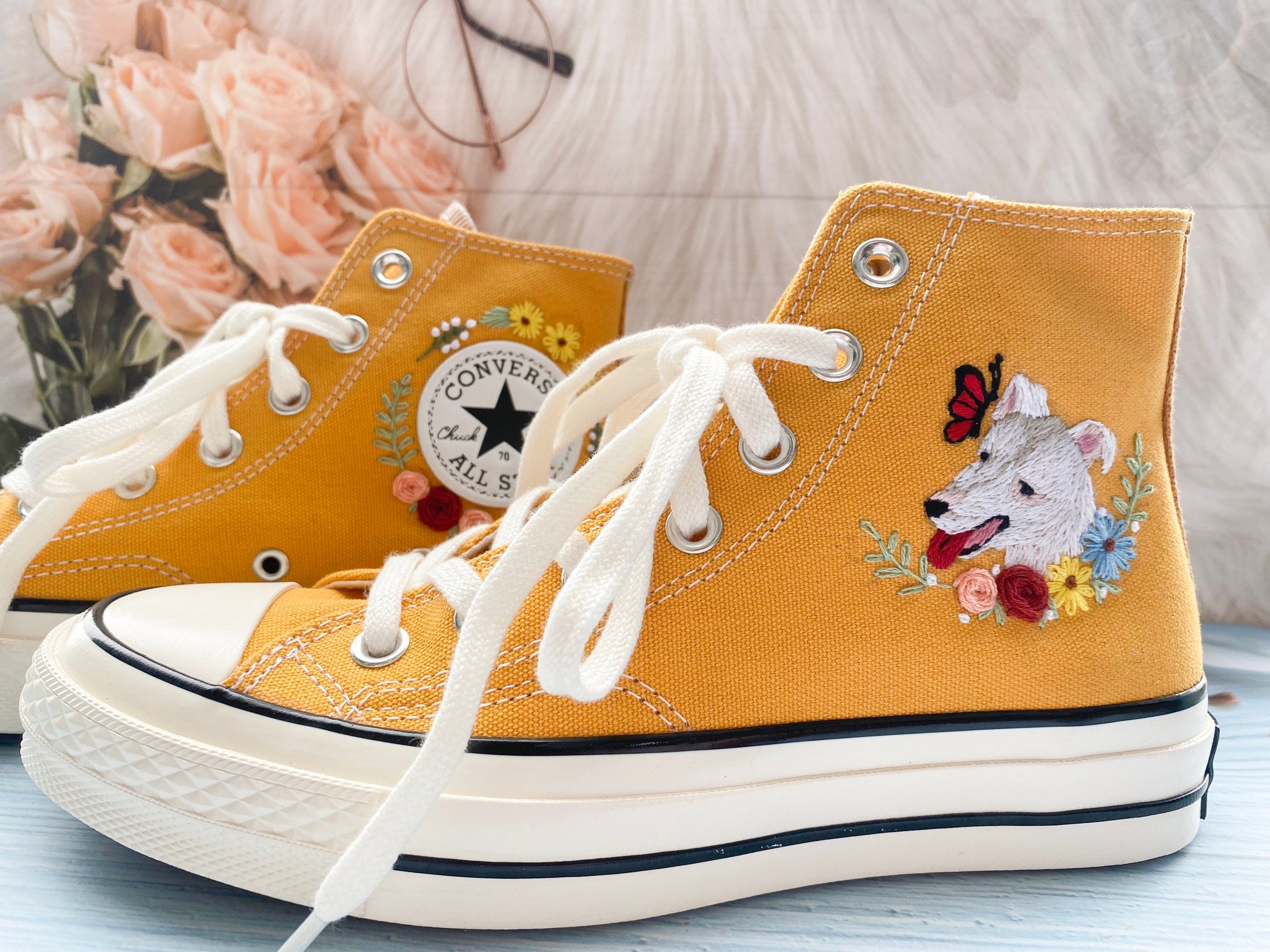 Embroidered Converse/ Converse Custom Dogs and Butterflies - Etsy