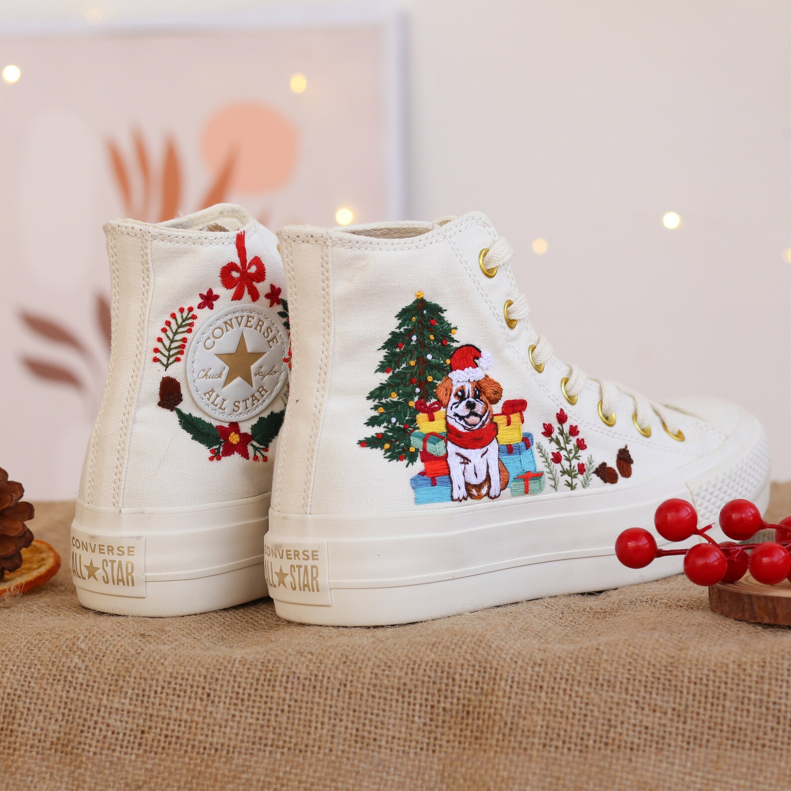 Custom Converse Platform Embroidered Dog Christmas Shoes, Puppy ...