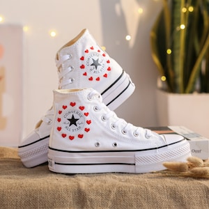 Custom Embroidered Heart Converse Platform,heart Embroidered Shoes ...
