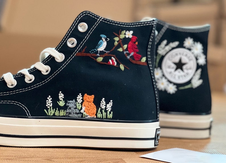 Embroidered Converse/custom Converse/custom Flower/converse Cat and ...
