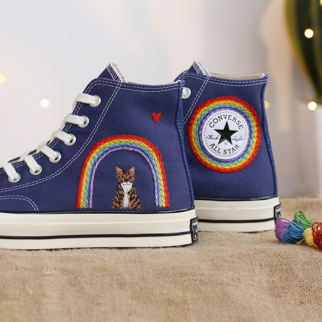 Embroidered Converse Cat, Custom Converse Embroidery Cat and Rainbow ...