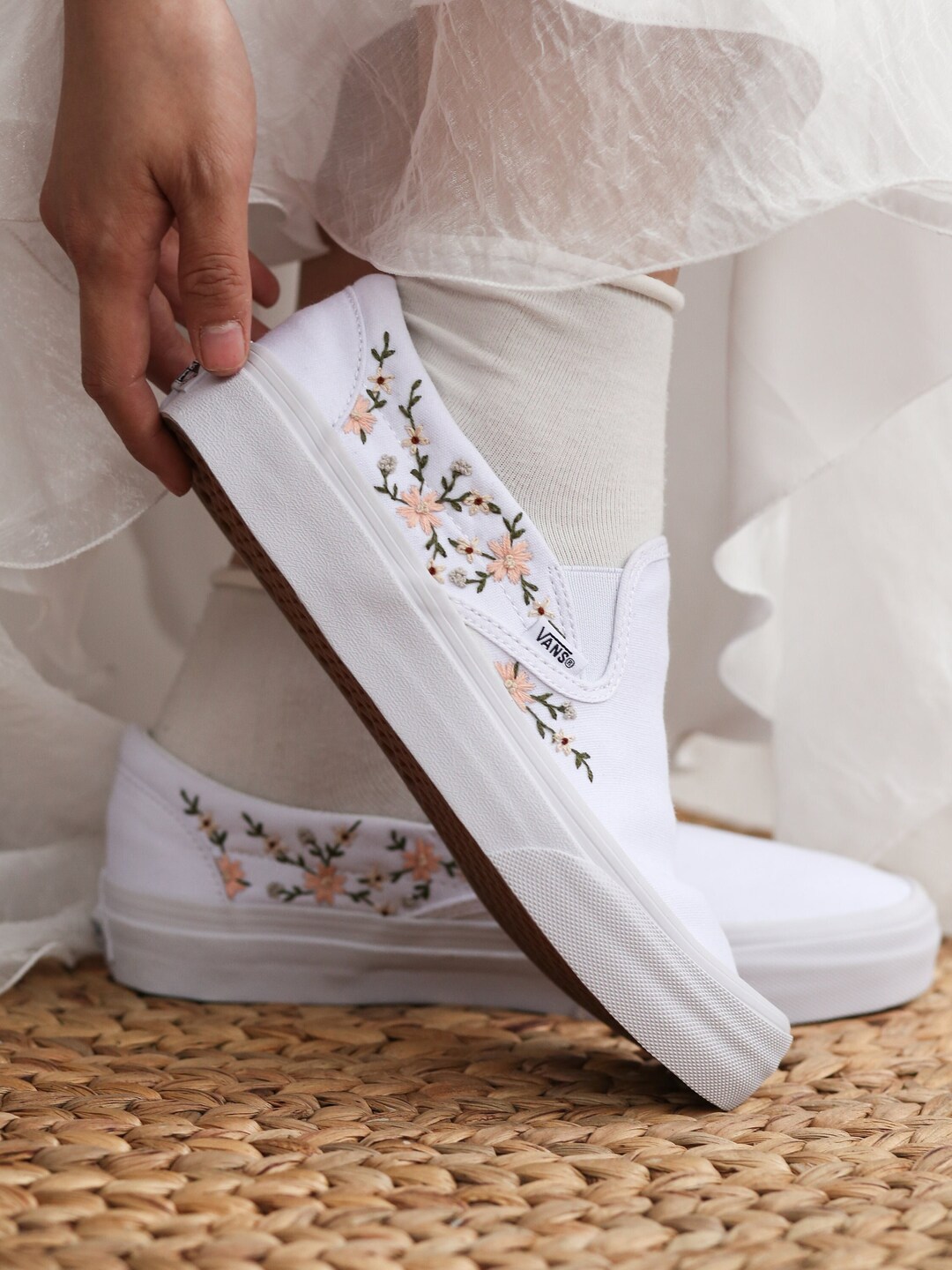 Custom Embroidered Vans Shoes, Bridal Flowers Embroidered Sneakers ...