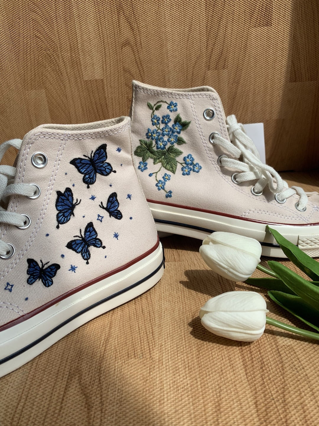 Embroidered Converse/converse High Tops Blue Butterfly and Flowers ...