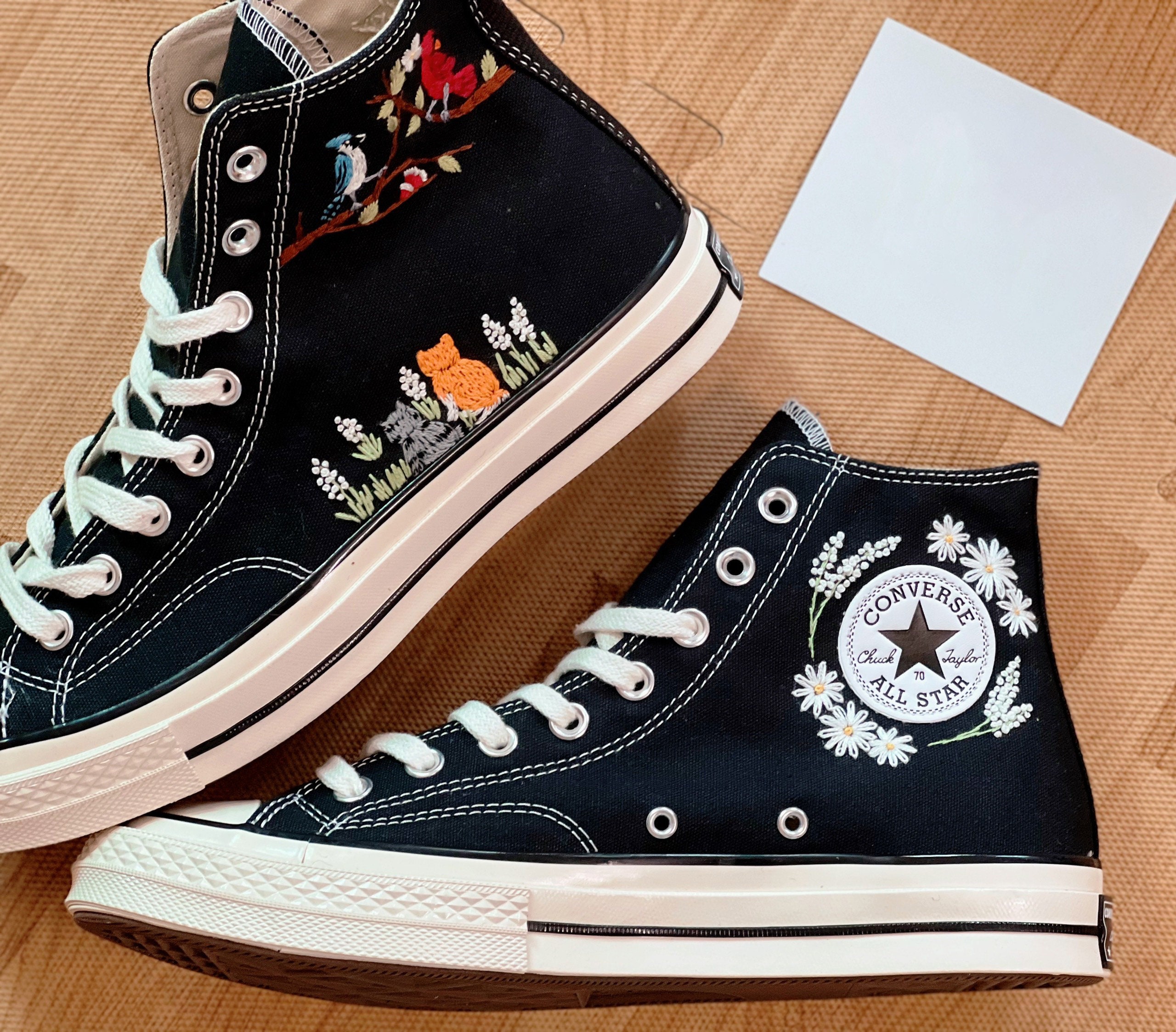 Embroidered Converse/custom Converse/custom Flower/converse Cat and ...