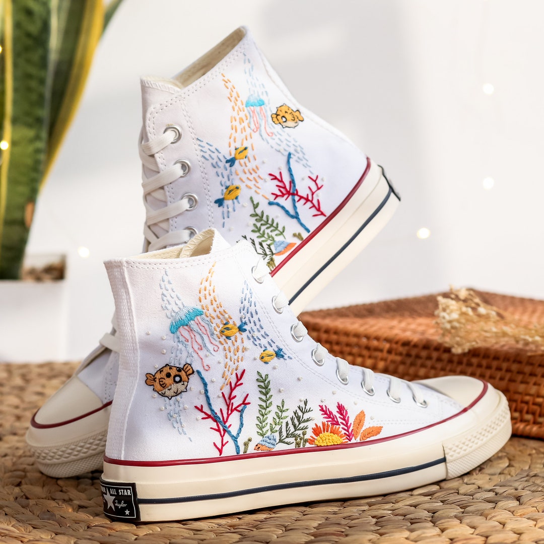 Custom Embroidery Converse 1970s, Ocean Embroidered Shoes, Fish and ...
