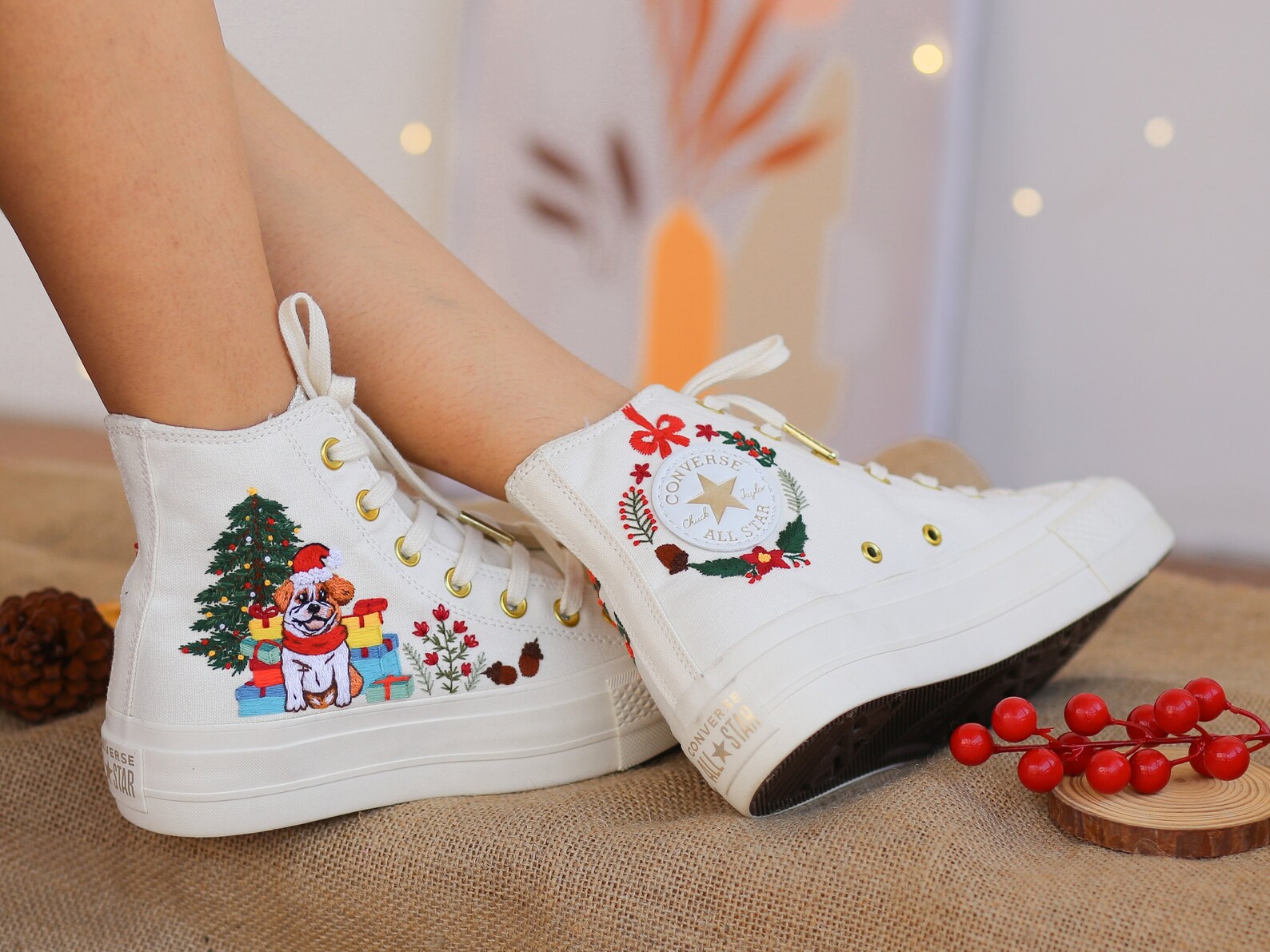 Custom Converse Platform Embroidered Dog Christmas Shoes, Puppy ...