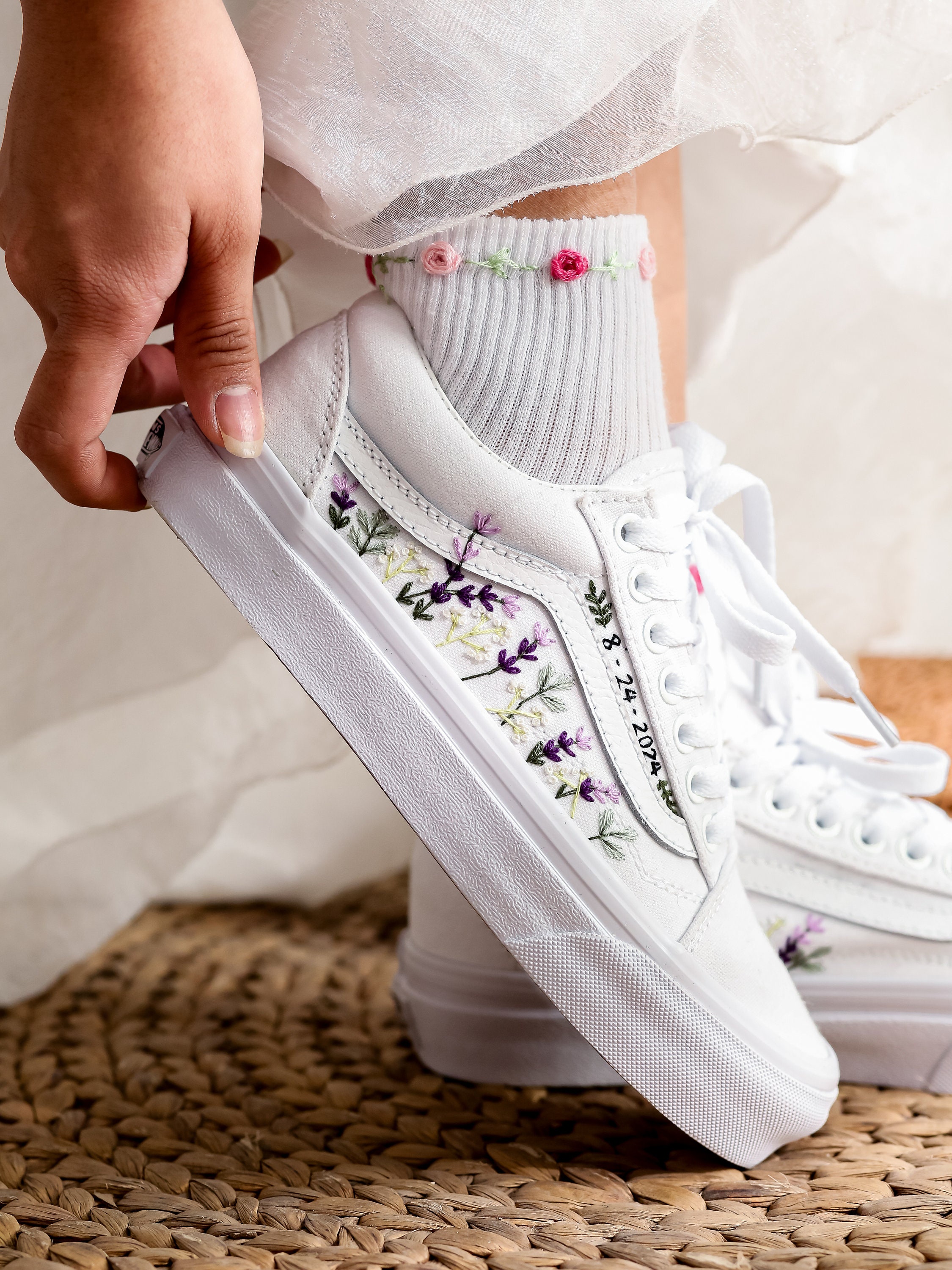 Wedding Flower Embroidered Vans for Bride, Bridal Flower Embroidery ...