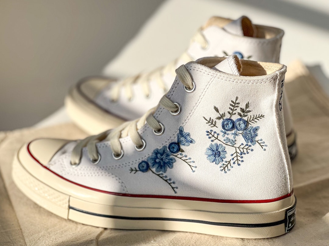 Embroidered Converse/wedding Sneakers/converse High Tops Blue Rose ...