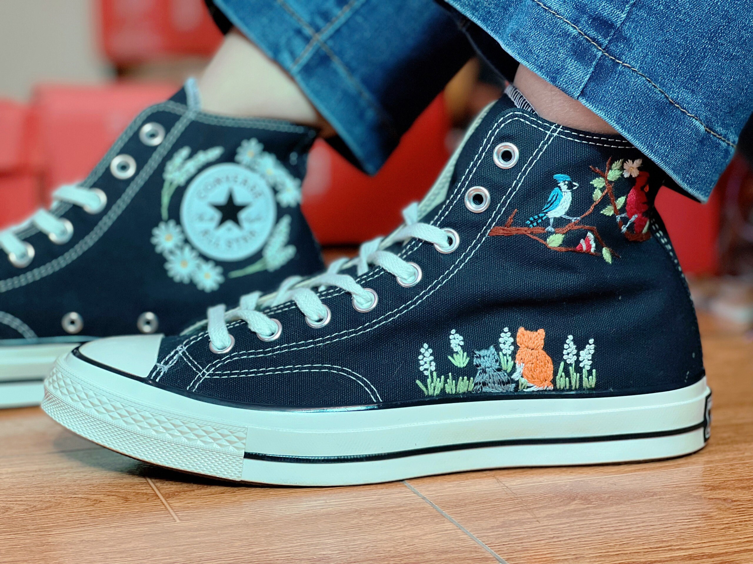 Embroidered Converse/custom Converse/custom Flower/converse Cat and ...