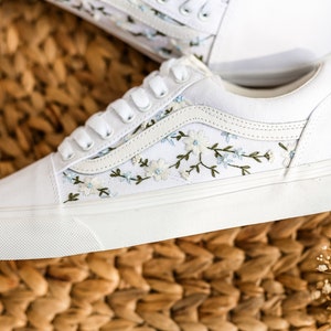 Wedding Vans, White Primrose Embroidered Vans Custom, Blue Flower ...
