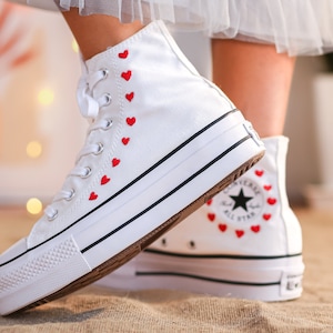 Custom Embroidered Heart Converse Platform,heart Embroidered Shoes ...