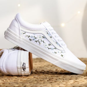 Wedding Vans, White Primrose Embroidered Vans Custom, Blue Flower ...