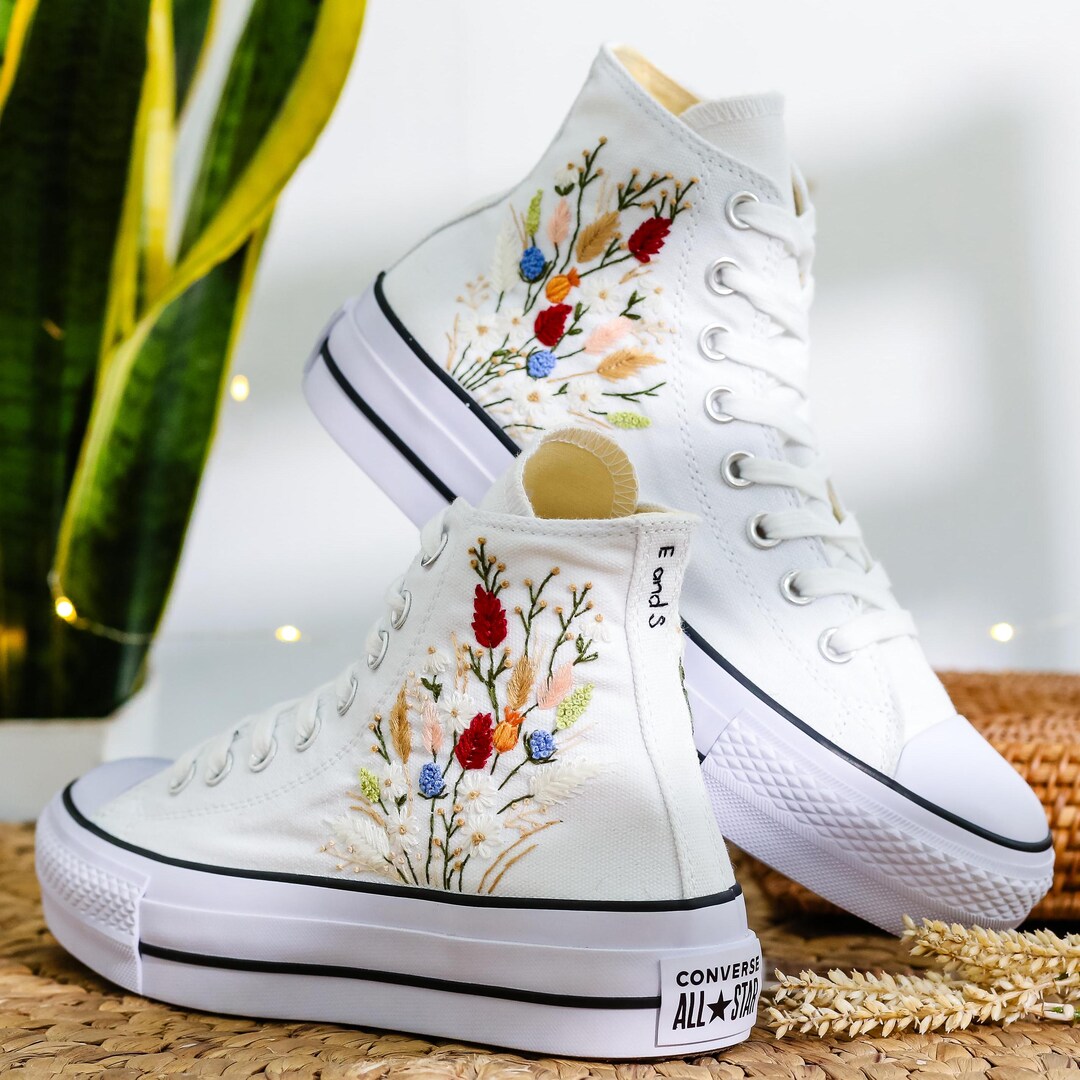 Custom Embroidered Converse Platform, Wildflowers Embroidered Shoes ...