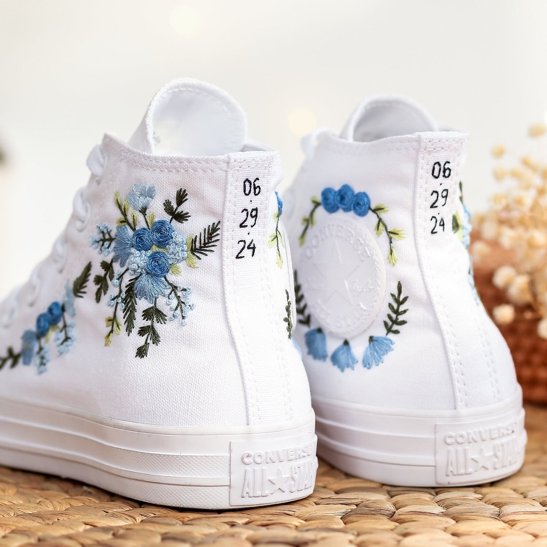 Wedding Converse for Bride, Blue Wedding Flowers Embroidered Shoes ...
