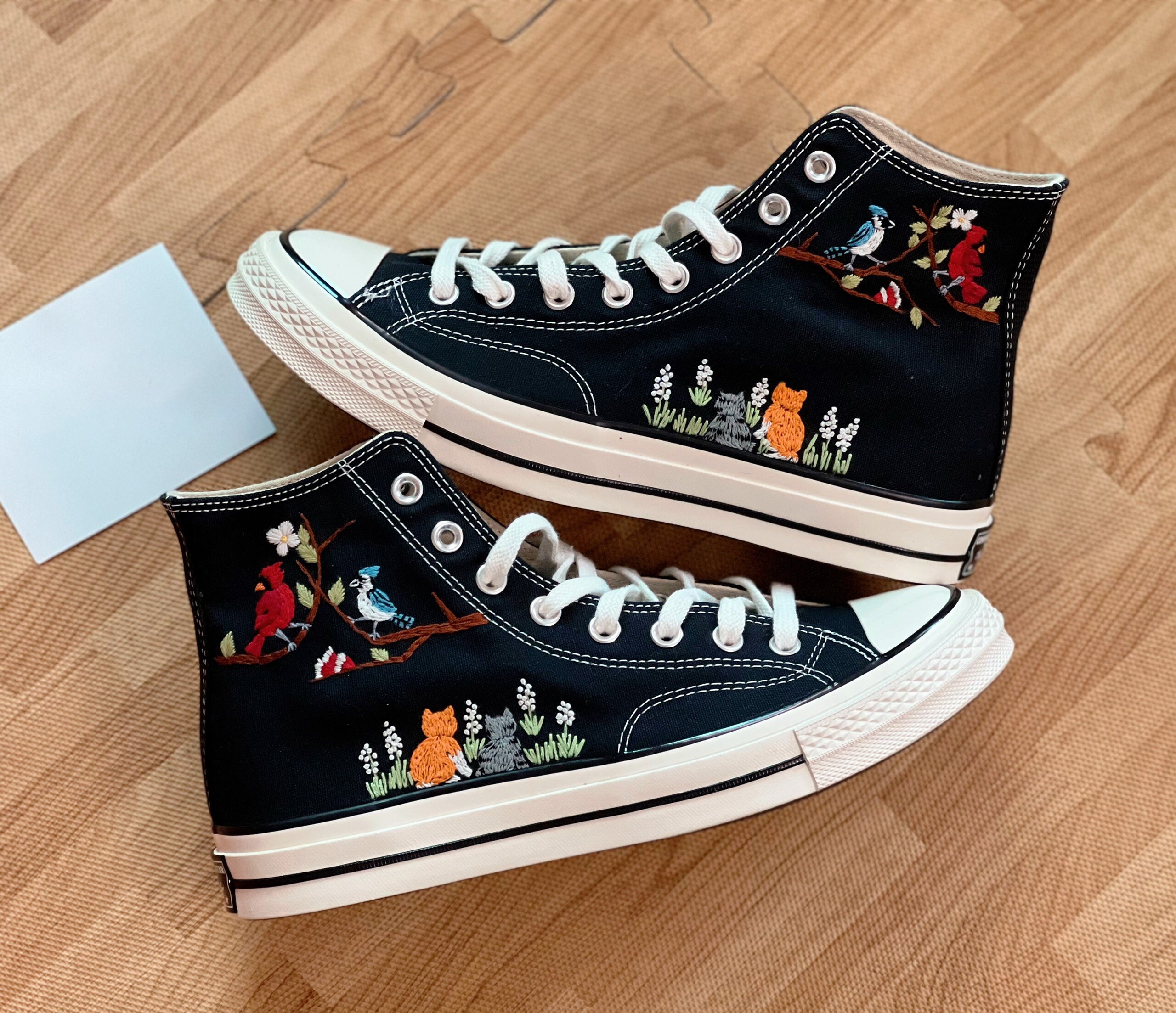 Embroidered Converse/custom Converse/custom Flower/converse Cat and ...