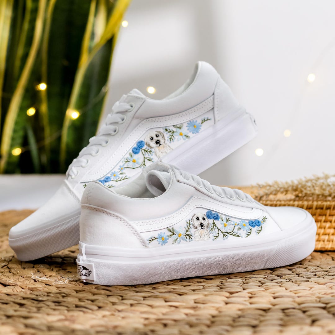 Custom Embroidered Wedding Vans, Pet and Blue Flower Embroidered Vans ...