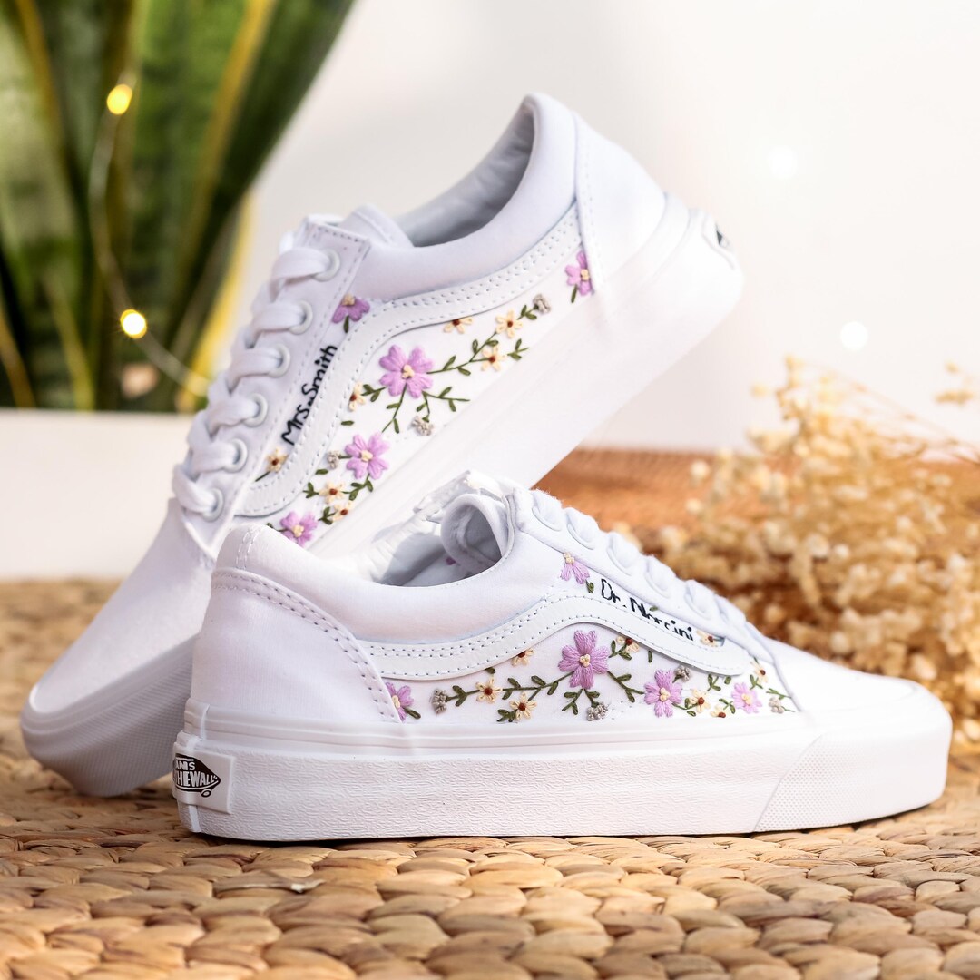 Custom Embroidered Wedding Vans, Bridal Flower Embroidered Shoes, Vans ...