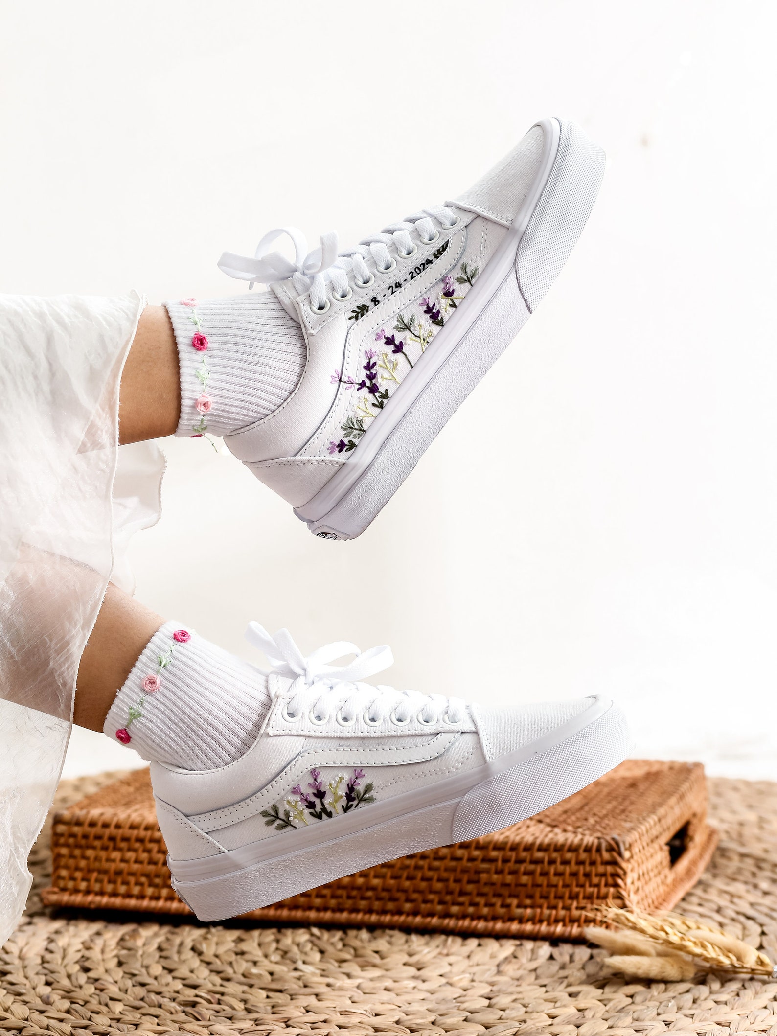 Wedding Flower Embroidered Vans for Bride, Bridal Flower Embroidery ...
