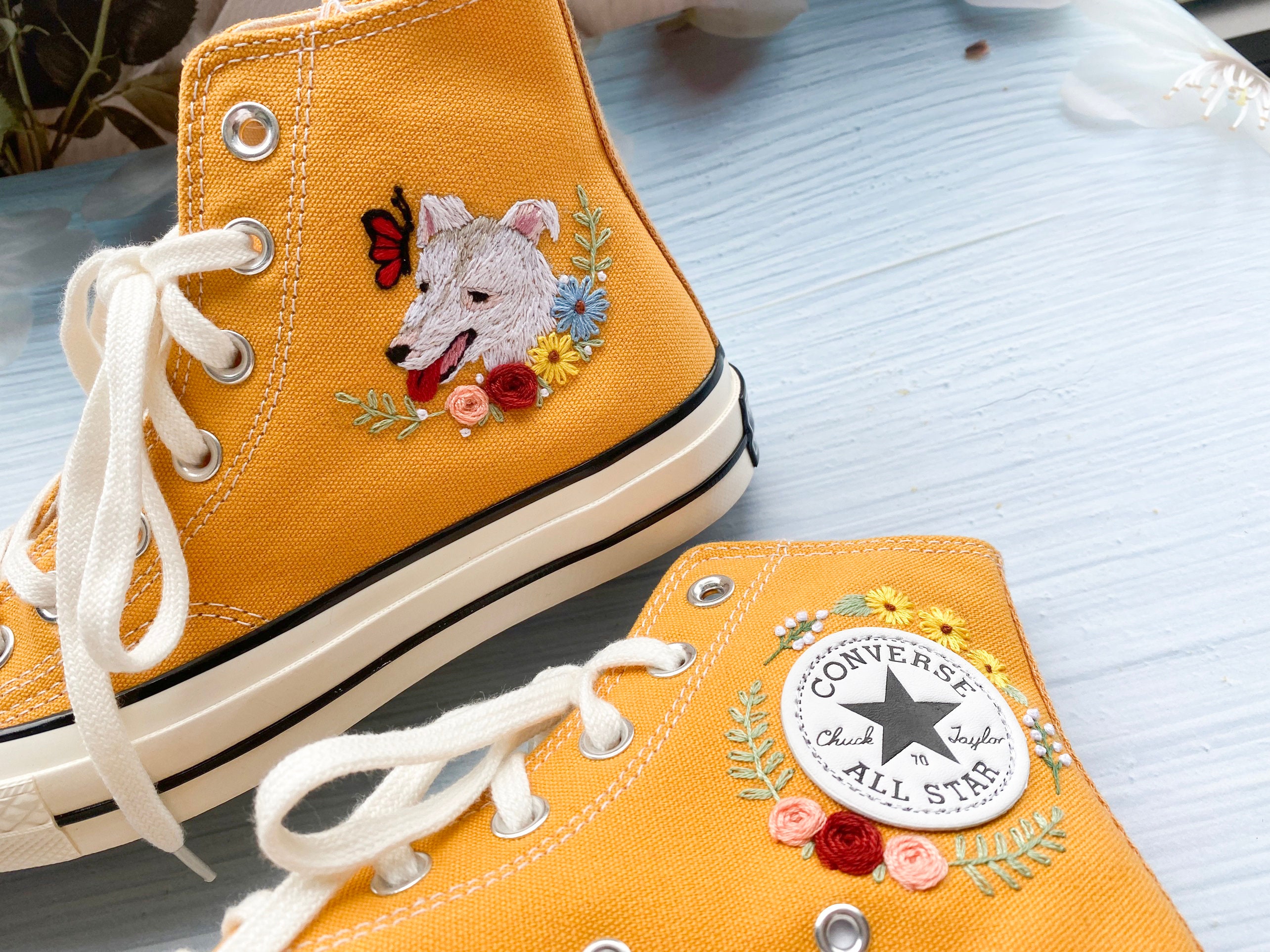 Embroidered Converse/ Converse Custom Dogs and Butterflies - Etsy