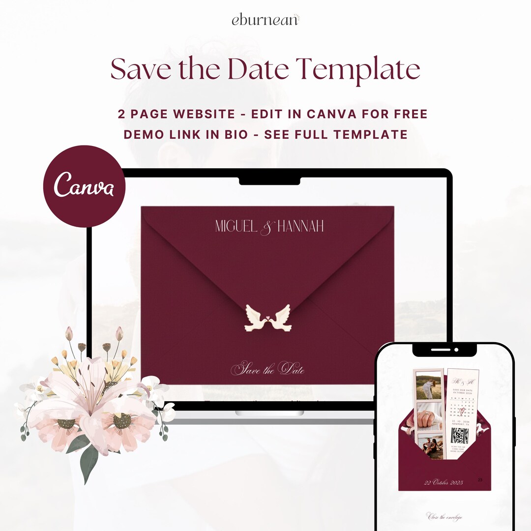 Burgundy Save the Date Website, Save Date Canva Template, Modern Online ...