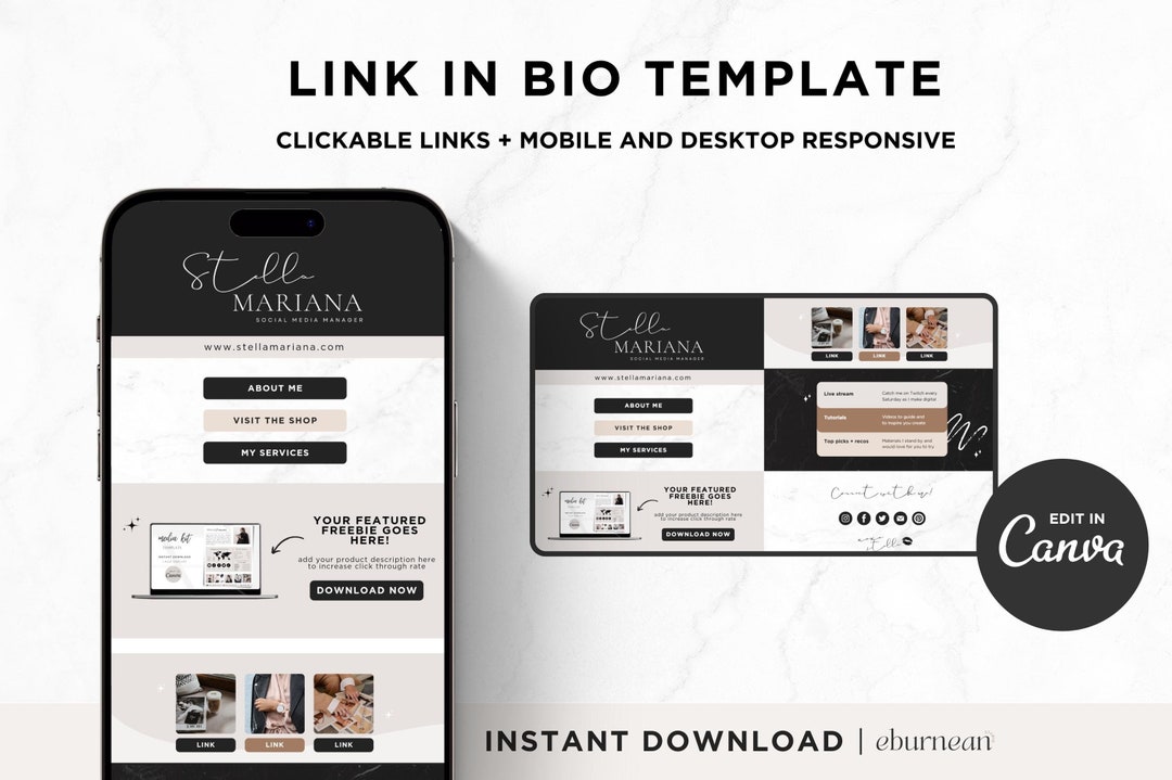 Link in Bio Canva Editable Template in Black and White Colors Simple ...