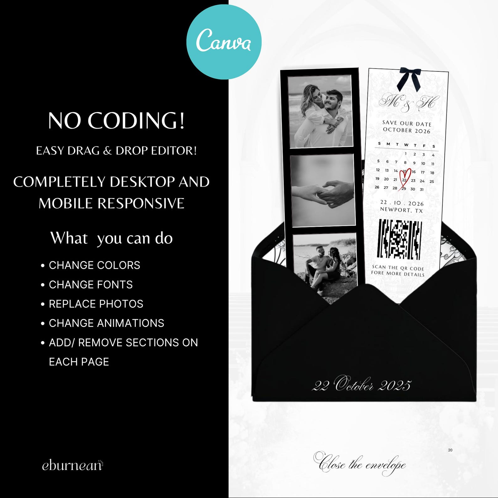 Black and White Save the Date Website Template With RSVP, Canva Website ...