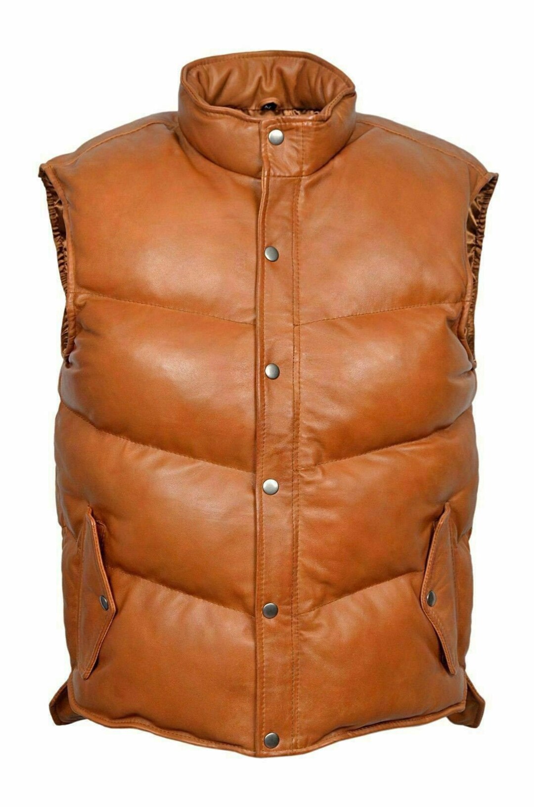 Men's Puffer Leather Waistcoat Brown Padded Lambskin Leather Casual ...